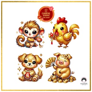 Cute Chinese Zodiac Animals Clipart Set, 12 PNG Glitter Zodiac Signs ...