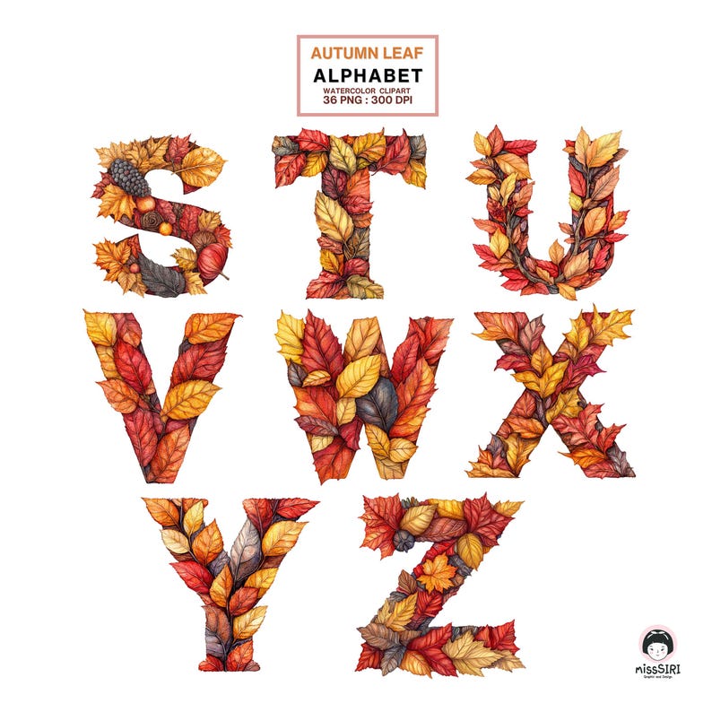 Autumn Leaf Alphabet Clipart | 36 Watercolor Fall Letters and Numbers ...