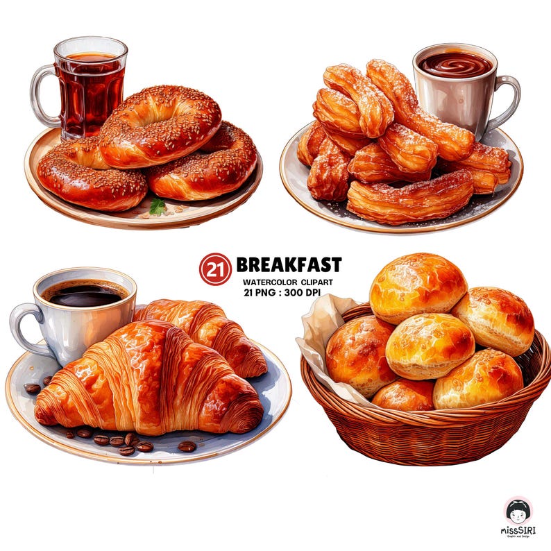 Breakfast Watercolor Clipart – 21 PNG Delicious Morning Dishes With ...