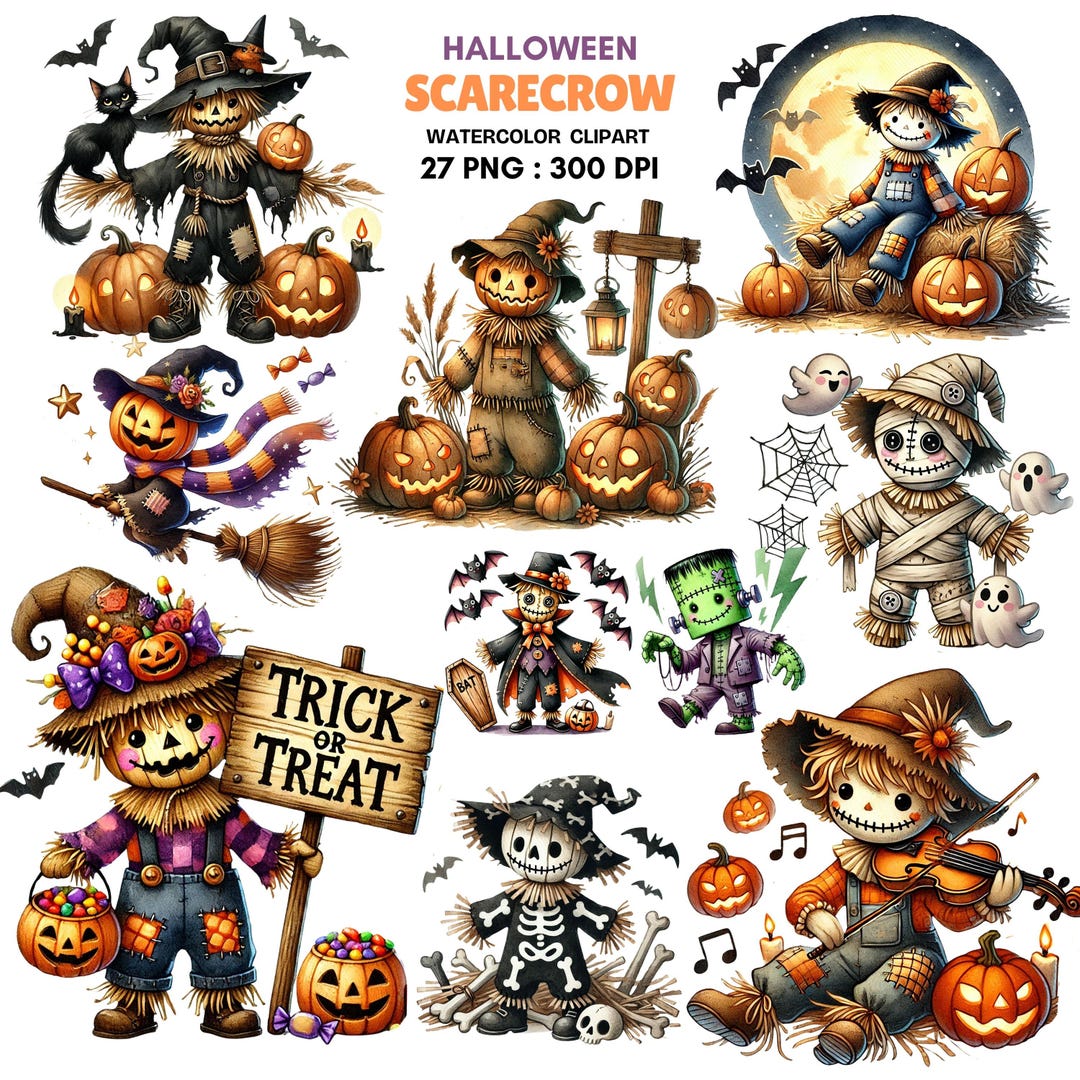 Halloween Scarecrow Clipart Set | 27 Watercolor Pngs of Cute and Spooky ...