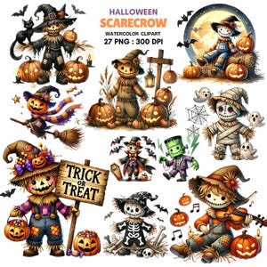 Halloween Scarecrow Clipart Set | 27 Watercolor Pngs of Cute and Spooky ...