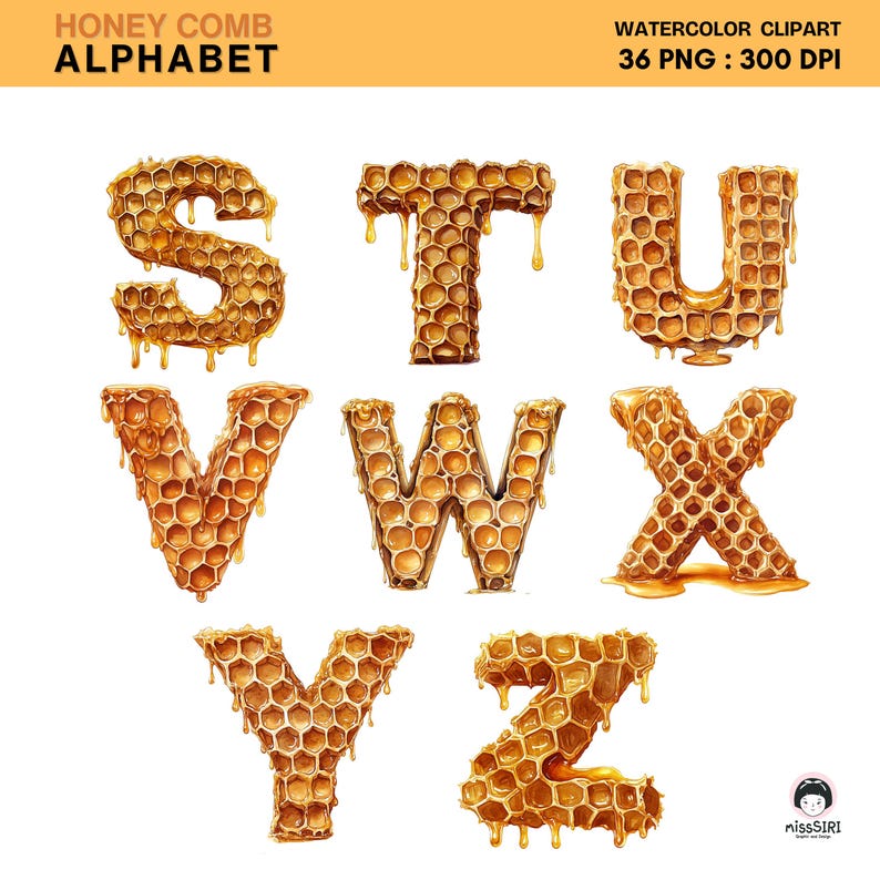 Honeycomb Alphabet Clipart Set | 36 Watercolor Honey Letters and ...