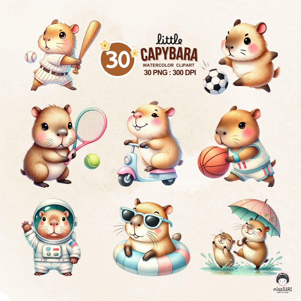 Little Capybara Watercolor Clipart Set – 30 PNG Images, 300 DPI Digital ...