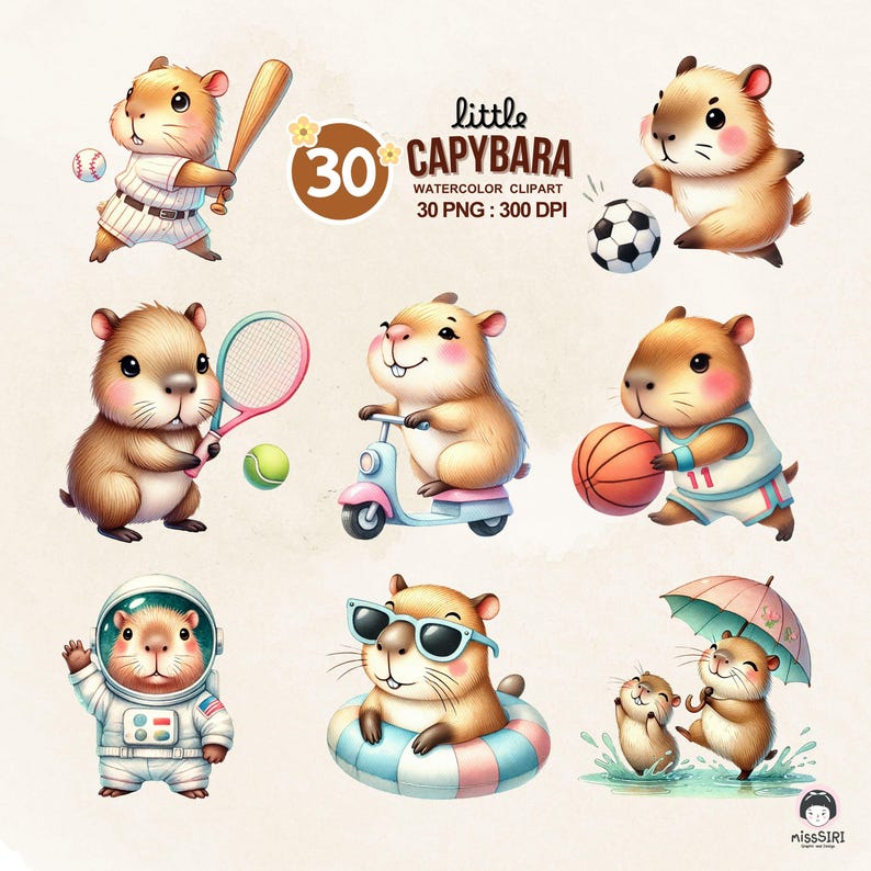 Little Capybara Watercolor Clipart Set – 30 PNG Images, 300 DPI Digital ...