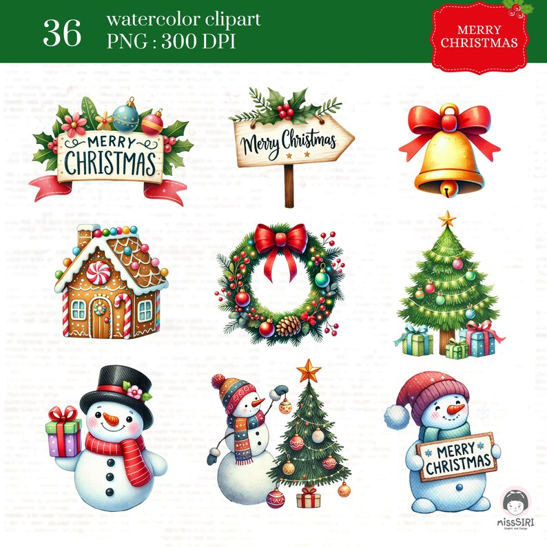 Merry Christmas Santa Watercolor Clipart Bundle, 36 PNG Holiday Set ...