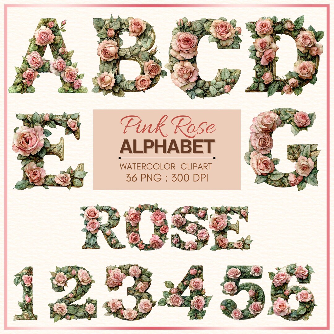 Pink Rose Alphabet Watercolor Clipart Set – Elegant Floral Letters ...