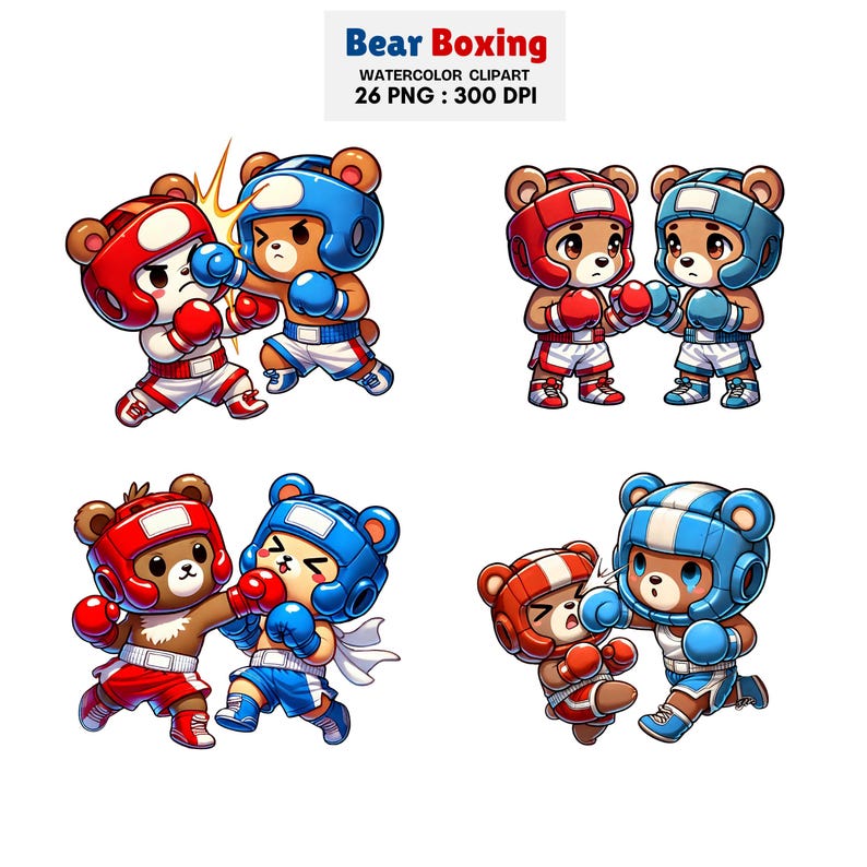 Bear Boxing Clipart Set | 26 Watercolor Pngs of Cute Boxing Bears in ...