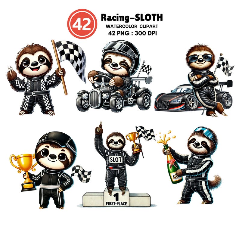 Racing Sloth Watercolor Clipart Bundle – 42 Cute Pngs of Cartoon Sloths ...