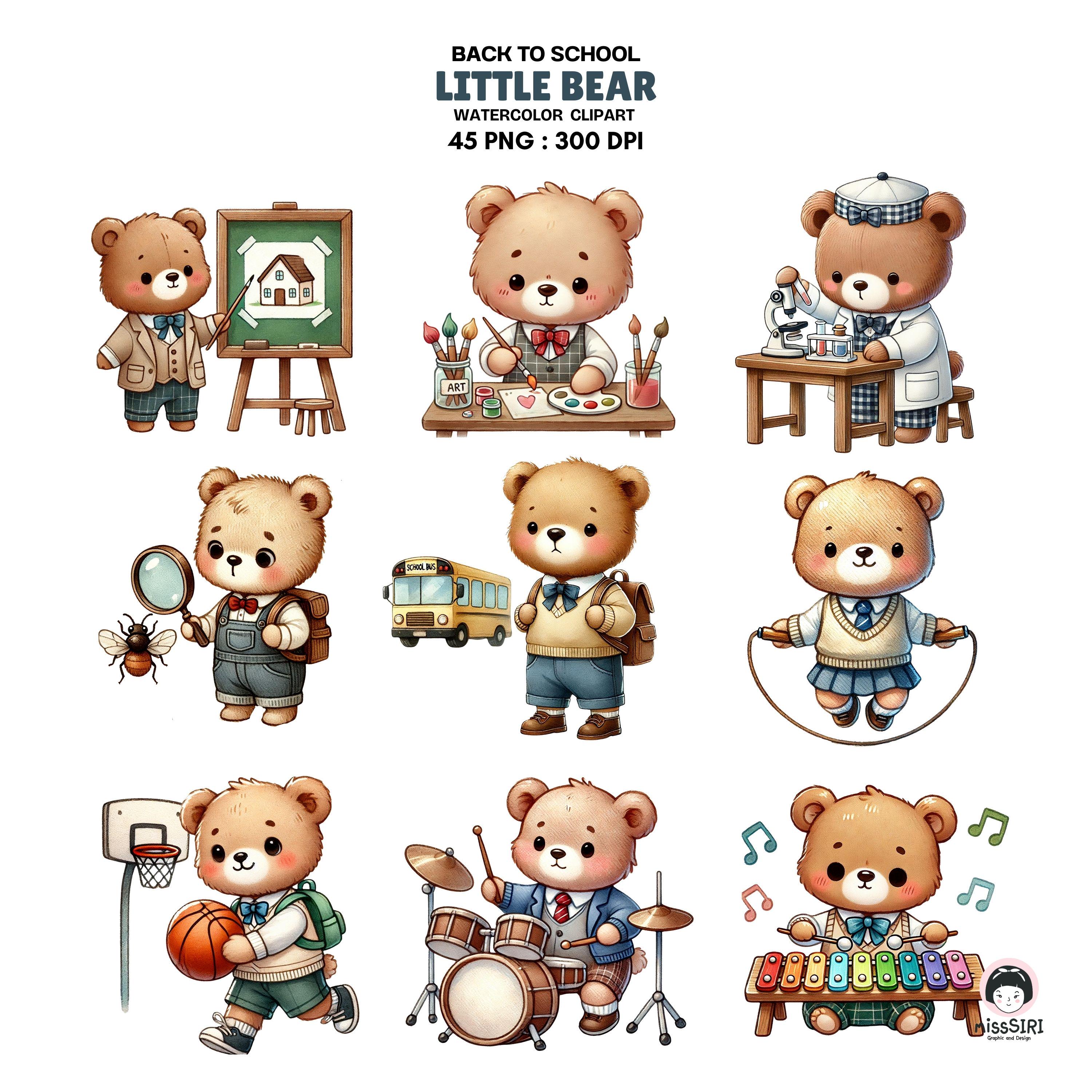 Back to School Little Bear Watercolor Clipart Bundle Featuring Cute ...