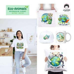 Eco Animals Watercolor Clipart Bundle - 48 PNG Files, Save the Earth ...