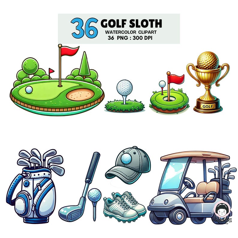 Golf Sloth Watercolor Clipart – 36 PNG Adorable Golfing Sloths, Golf ...
