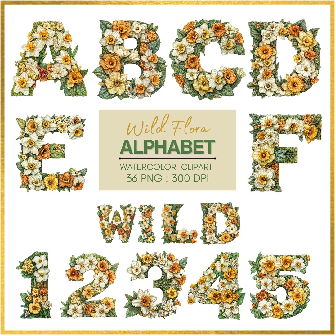 Wild Flora Watercolor Alphabet Clipart, Floral Letters and Numbers PNG ...