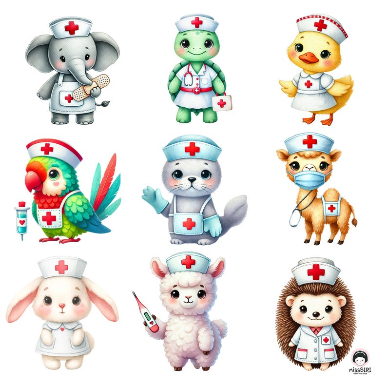 Nurse Animals Watercolor Clipart – 36 Cute Medical Animal Pngs With ...