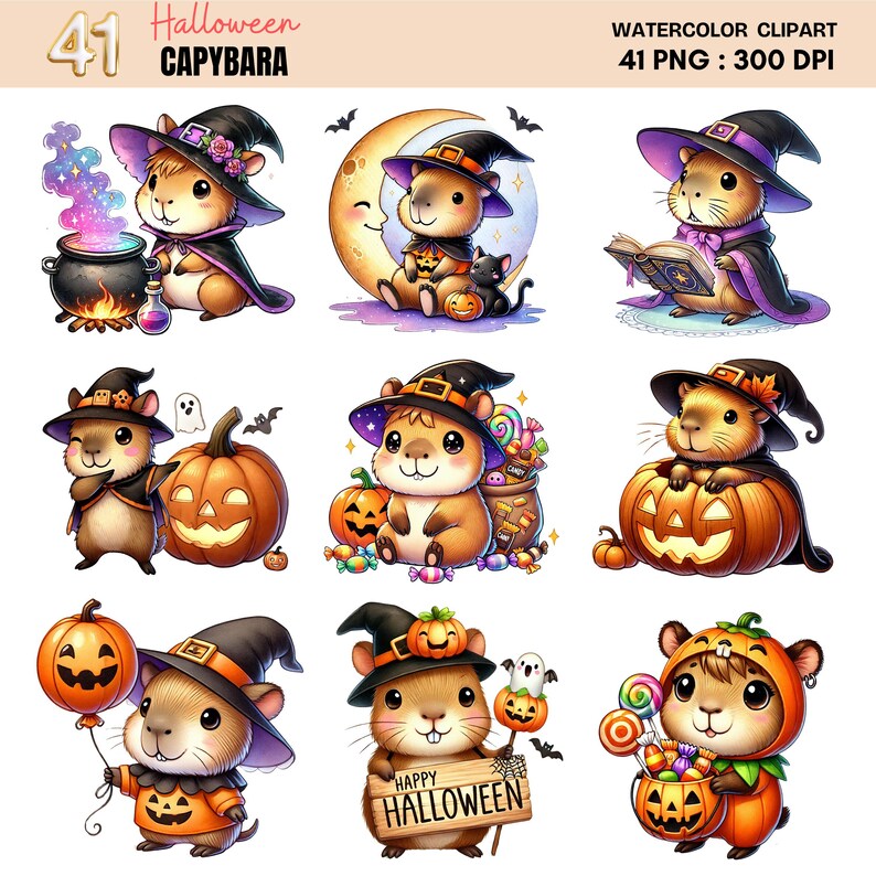 Halloween Capybara Clipart Bundle | 41 Cute Watercolor Pngs | Spooky ...