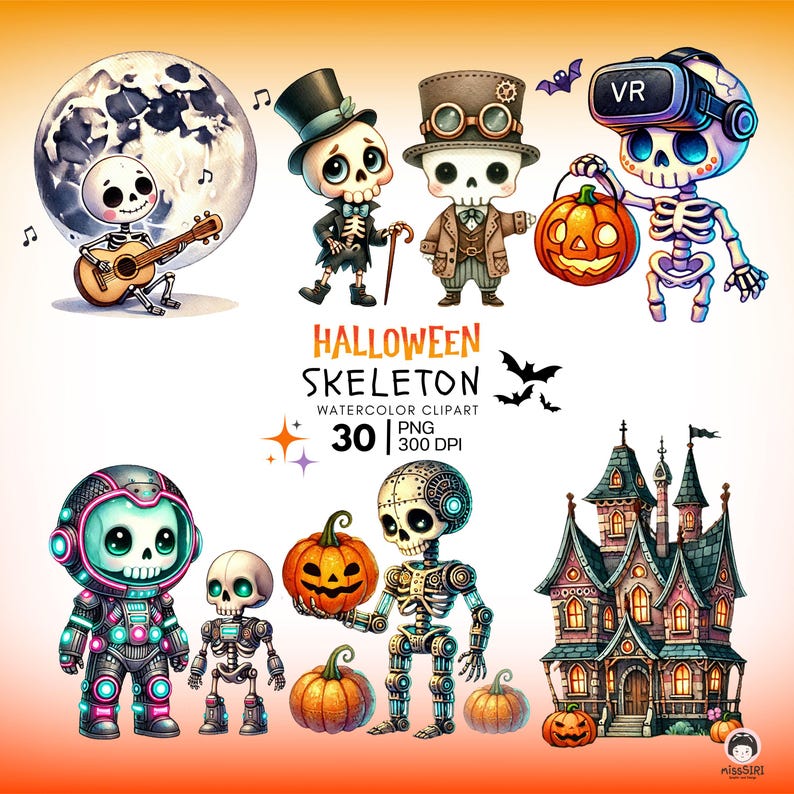 Halloween Skeleton Watercolor Clipart Bundle – 30 PNG Files, Cute ...