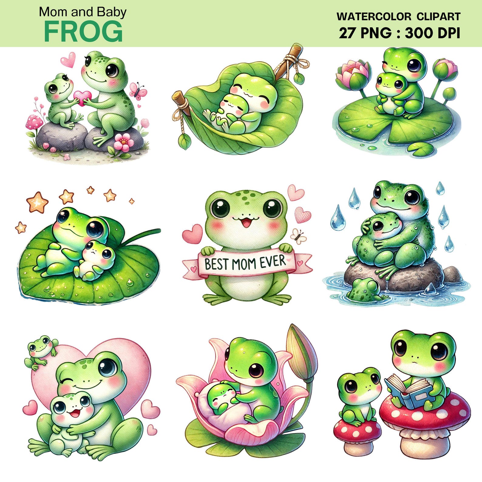 Mom and Baby Frog Clipart Set | 27 Watercolor Pngs for Mother’s Day ...