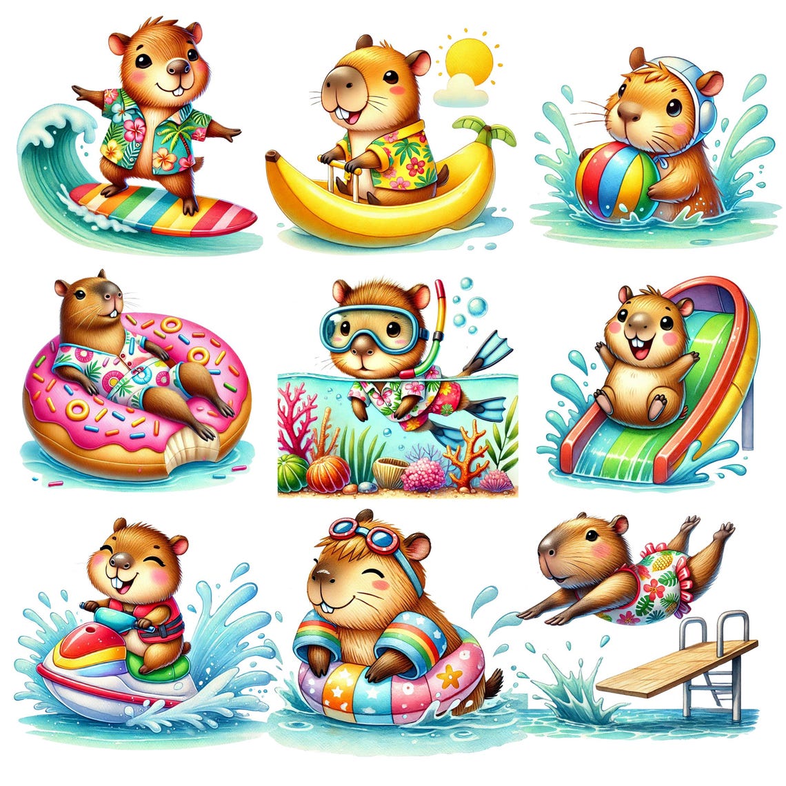 Summer Capybara Watercolor Clipart Bundle – 36 Cute Beach Vacation Pngs ...