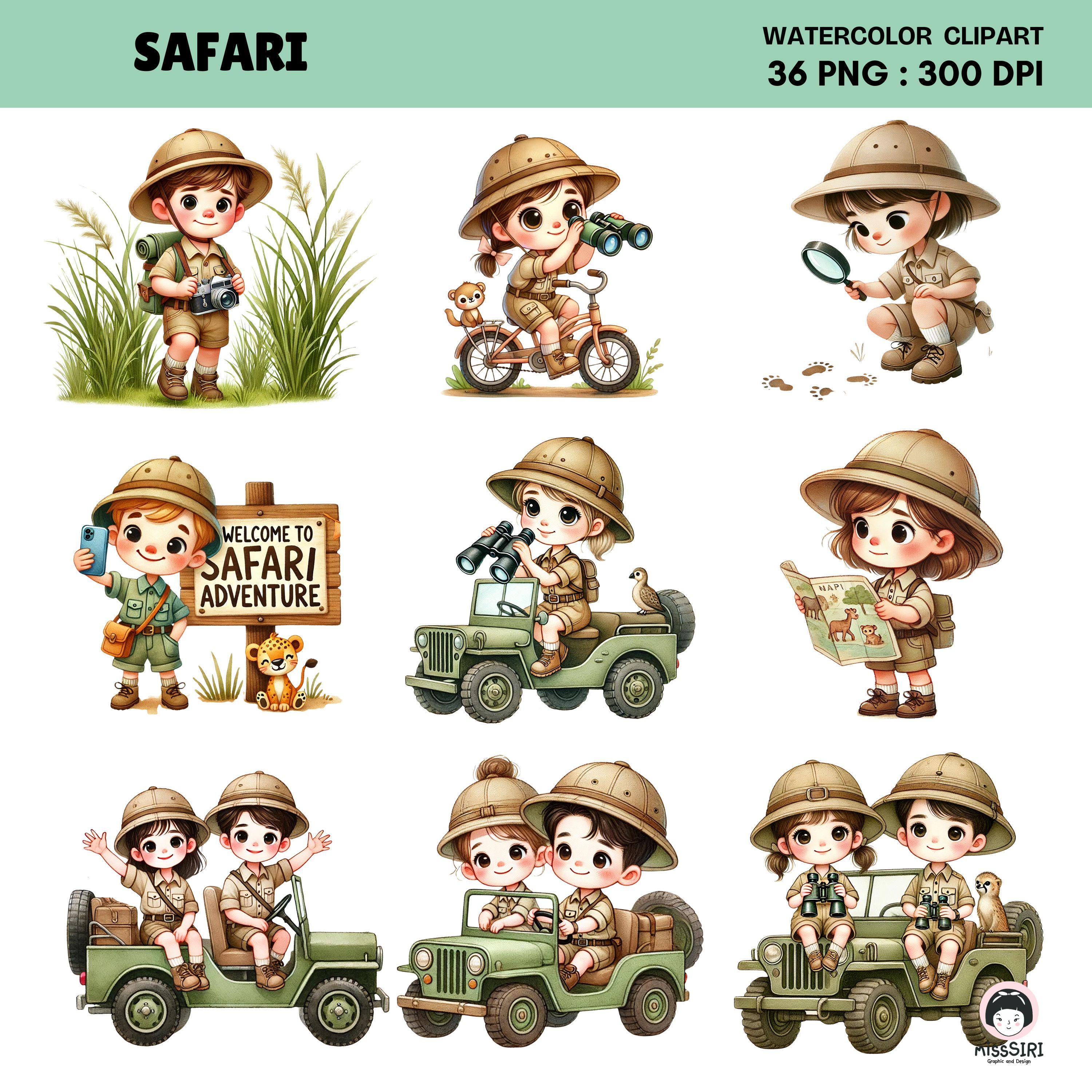 Safari Adventure Clipart Set | 36 Watercolor Pngs of Kids in Explorer ...