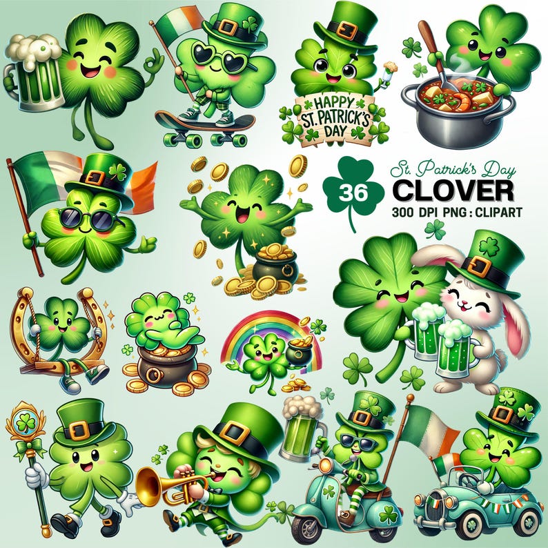 St. Patrick's Day Clover Clipart Bundle - 36 PNG Designs, Cute Shamrock ...