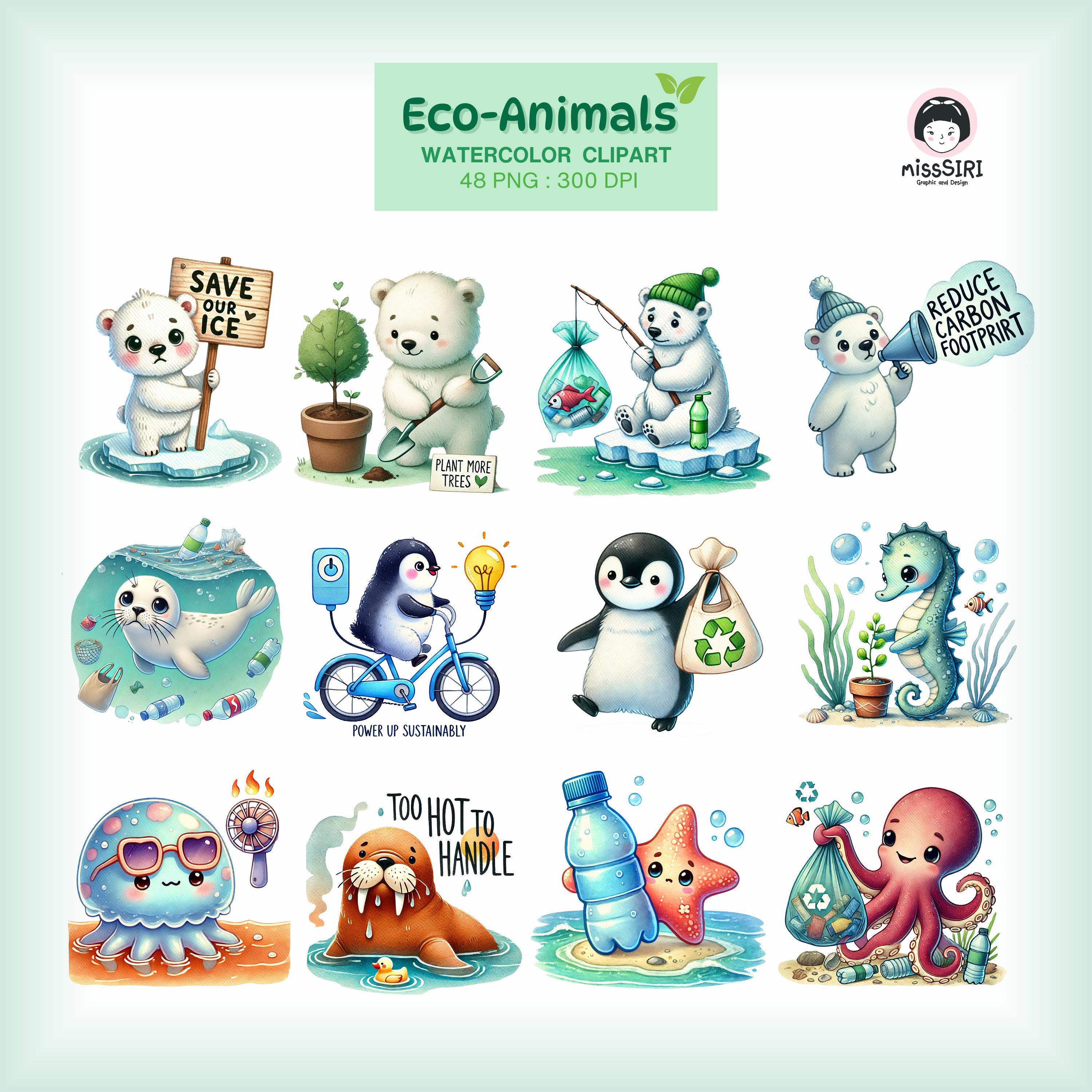 Eco Animals Watercolor Clipart Bundle - 48 PNG Files, Save the Earth ...