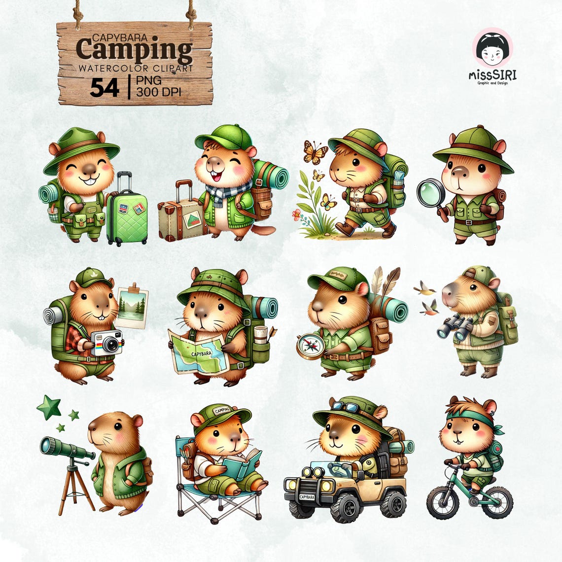 Capybara Camping Watercolor Clipart - 54 PNG Files, Outdoor Adventure ...