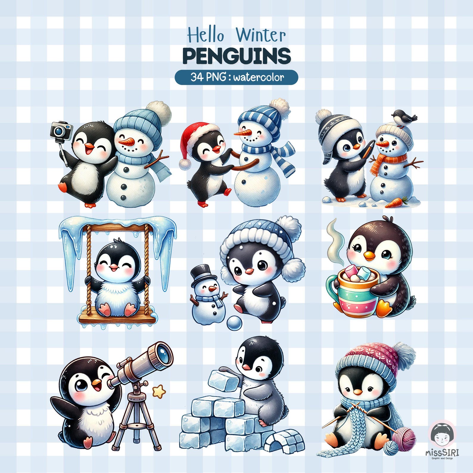 Winter Penguin Watercolor Clipart Set, 34 PNG Files - Etsy