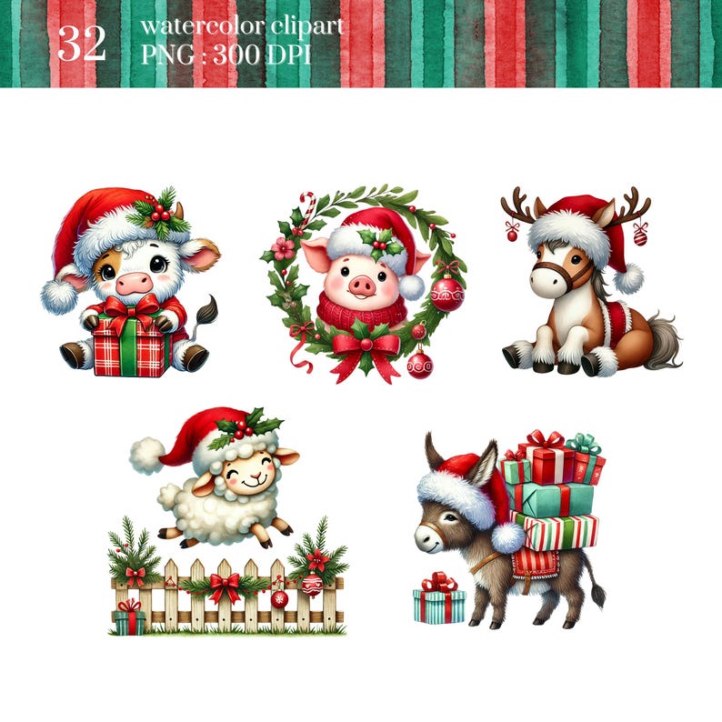 Christmas Farm Clipart Set - 32 PNG Watercolor Farm Animals in Santa ...