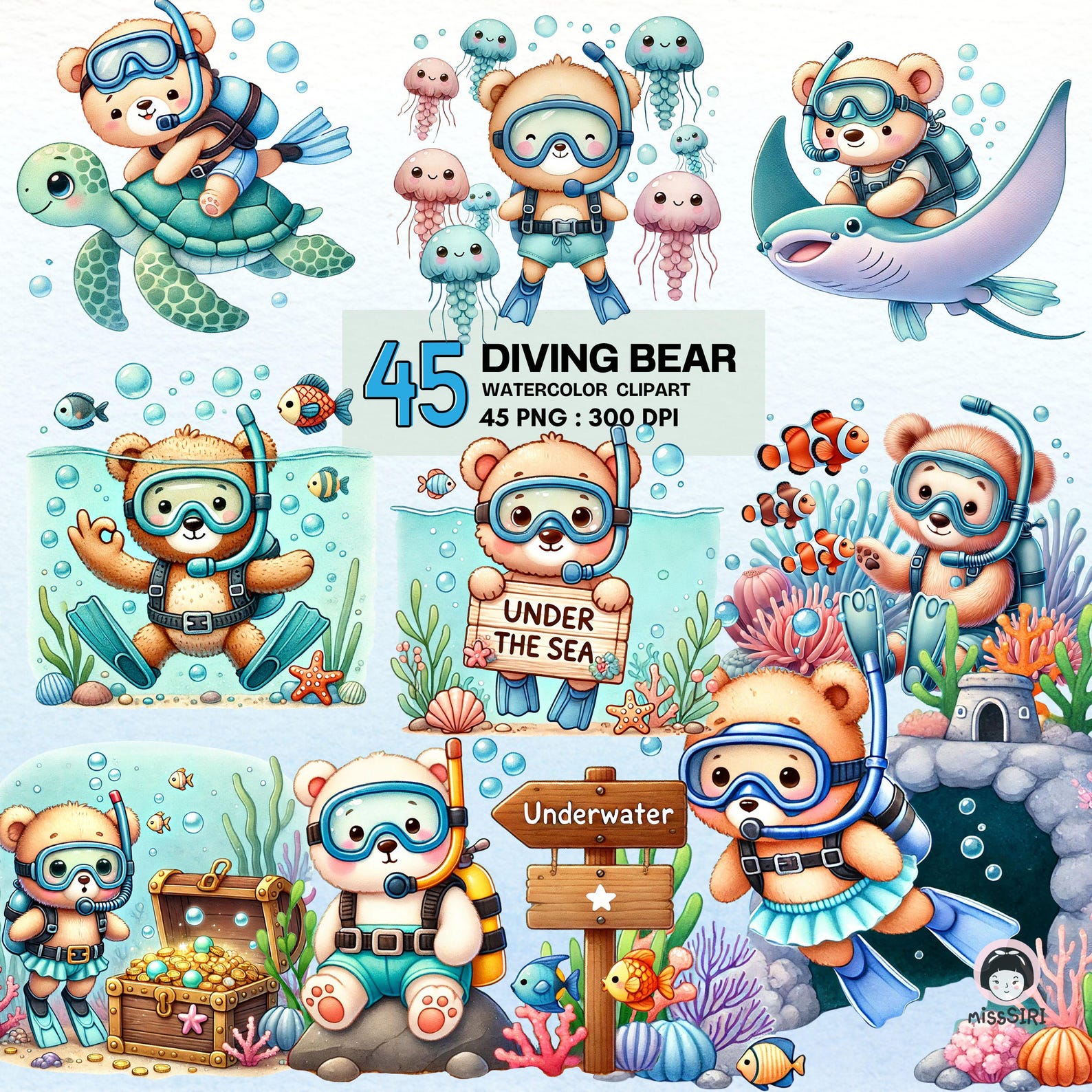 Diving Bear Clipart Bundle – 45 Underwater Adventure Watercolor Pngs ...
