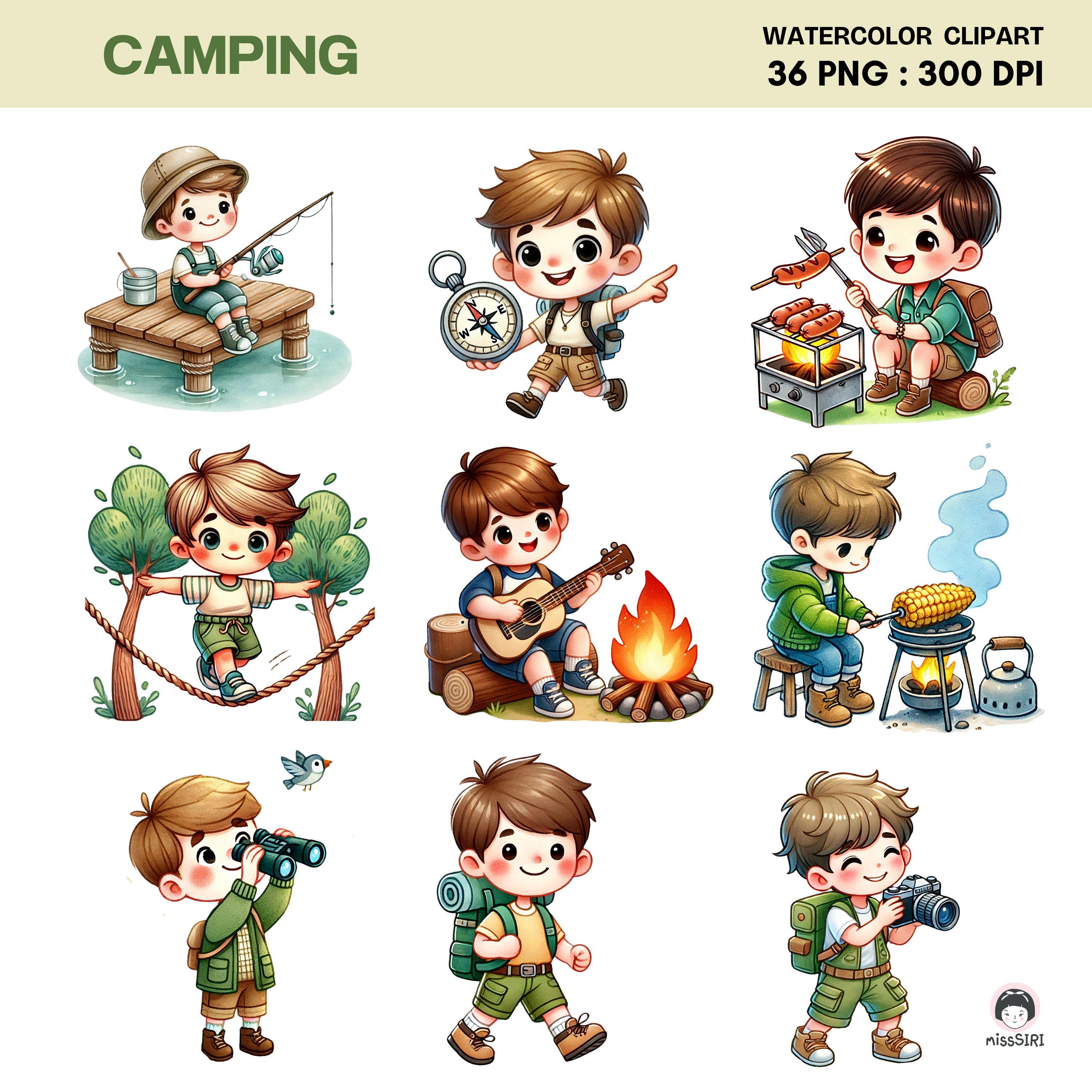 Camping Kids Clipart Bundle | 36 Watercolor Pngs With Hiking Boys Girls ...