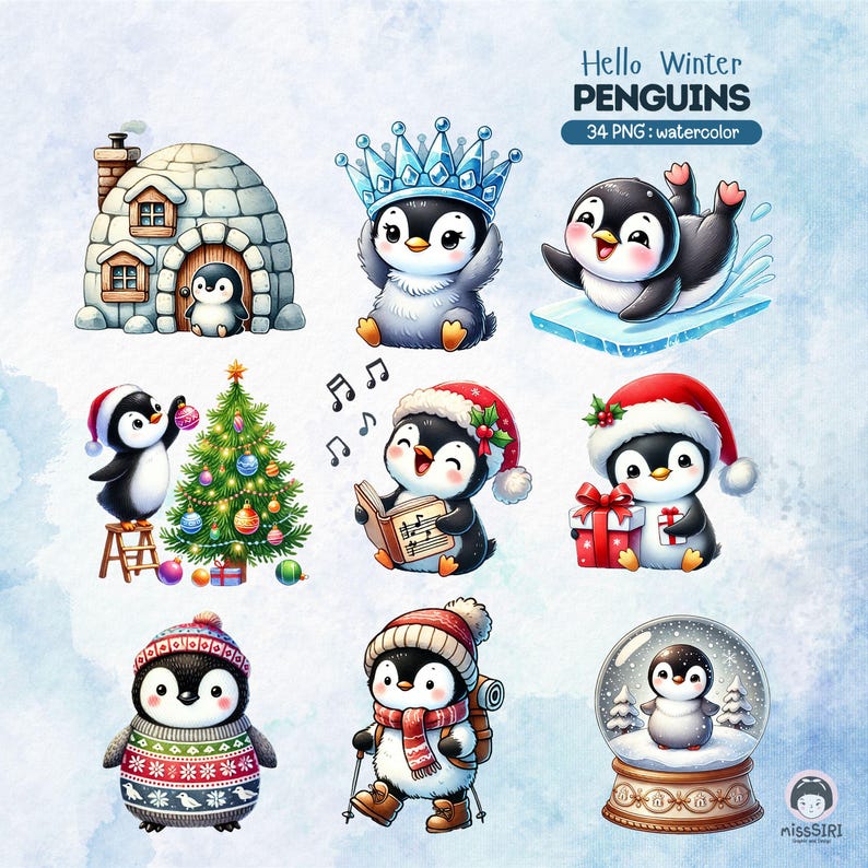Cute Winter Penguin Watercolor Clipart Set, 34 PNG Files - Etsy
