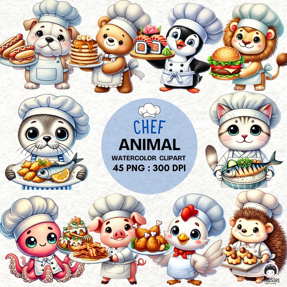 Chef Animal Watercolor Clipart Bundle – 45 Pngs of Cute Cooking Animals ...