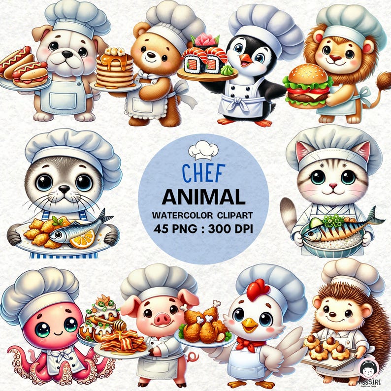 Chef Animal Watercolor Clipart Bundle – 45 Pngs of Cute Cooking Animals ...