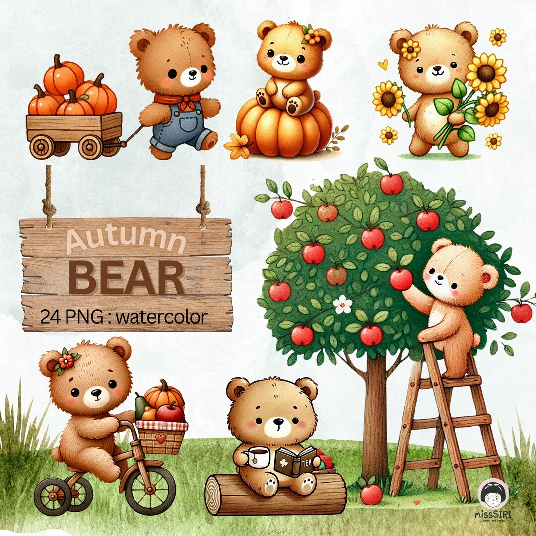 Autumn Bear Watercolor Clipart Bundle - Cute Fall Bear Pngs With ...