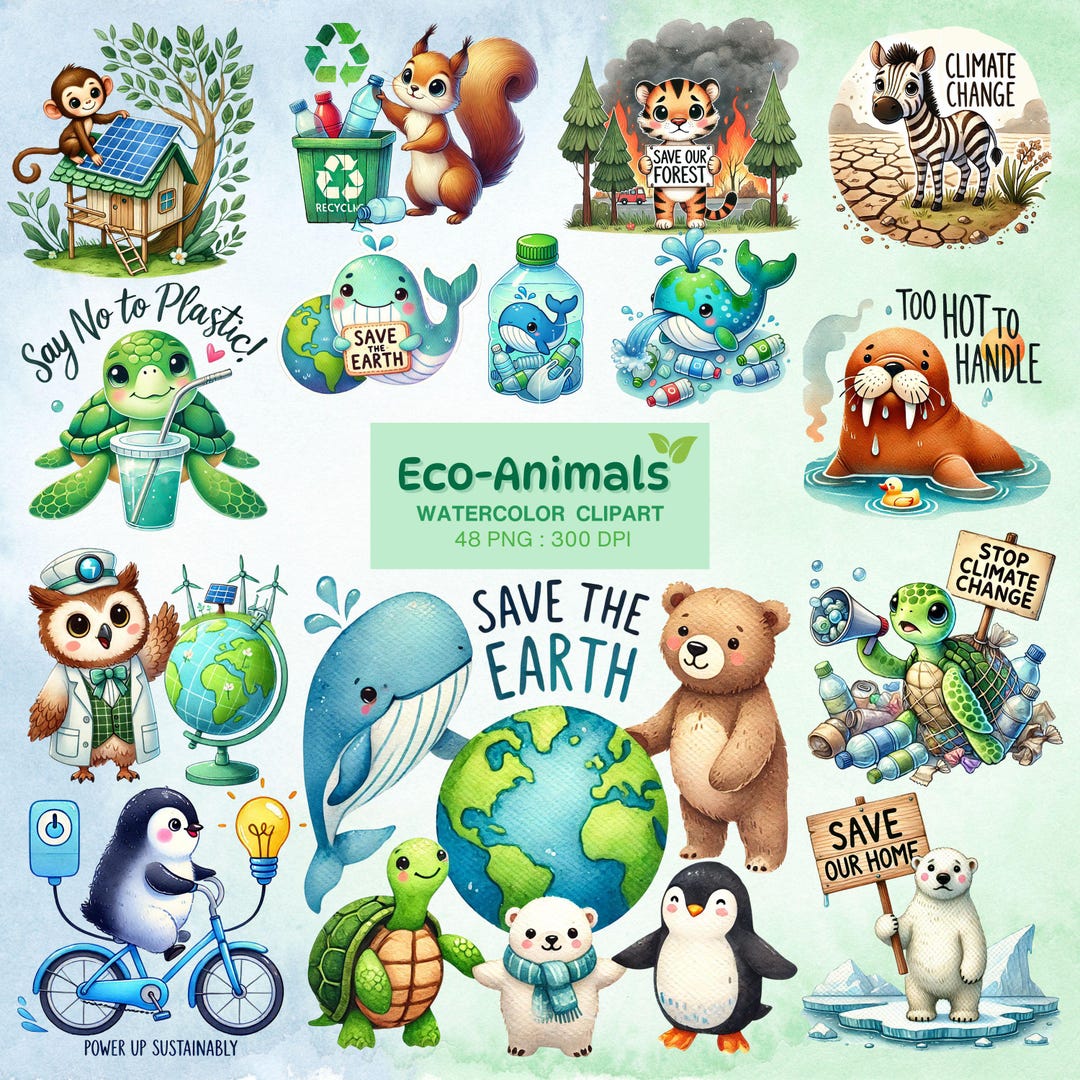 Eco Animals Watercolor Clipart Bundle - 48 PNG Files, Save the Earth ...