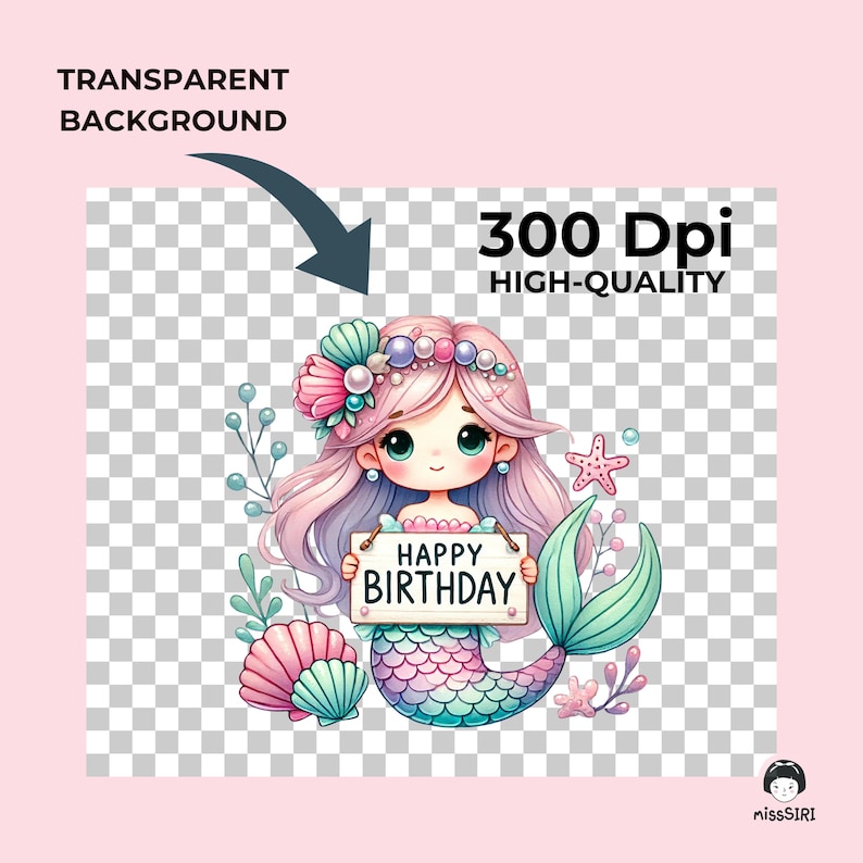 Mermaid Birthday Clipart Set | 29 Watercolor Pngs of Cute Mermaids ...