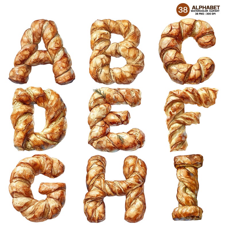 Bread Alphabet Watercolor Clipart – 38 PNG Delicious Baked Letters and ...