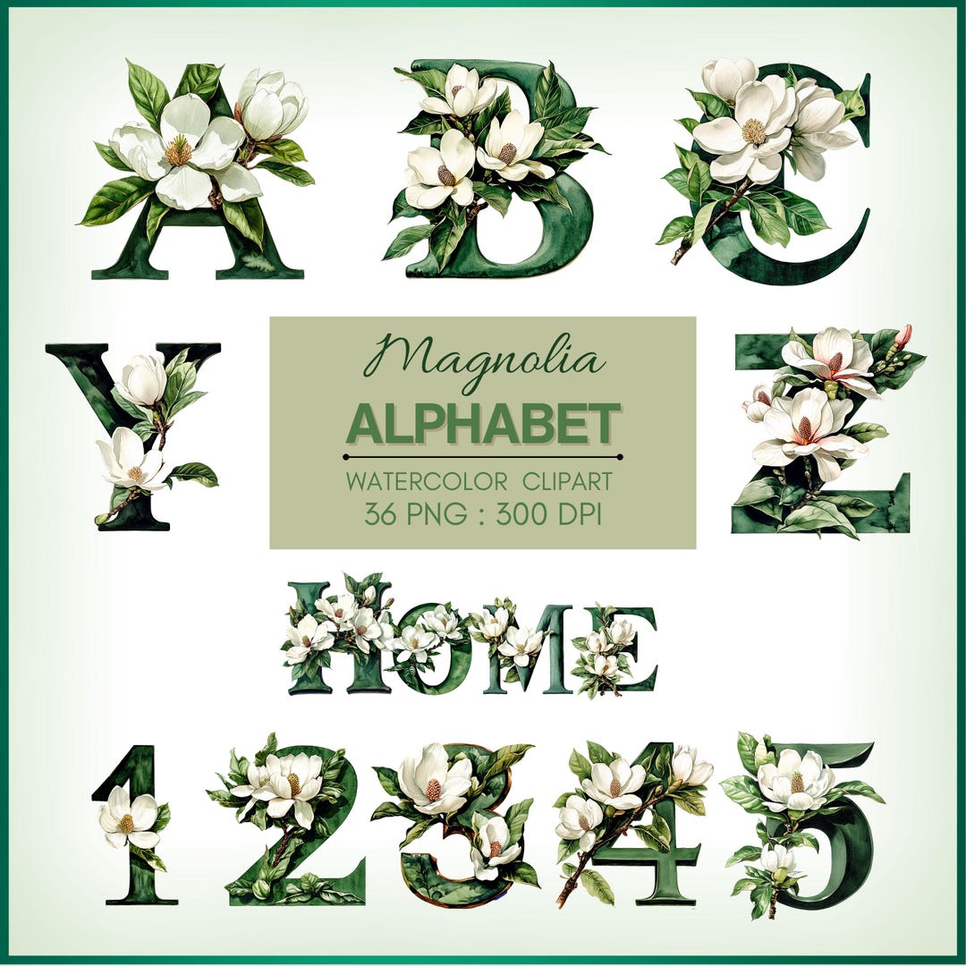 Magnolia Watercolor Alphabet Clipart, Floral Letters and Numbers PNG ...