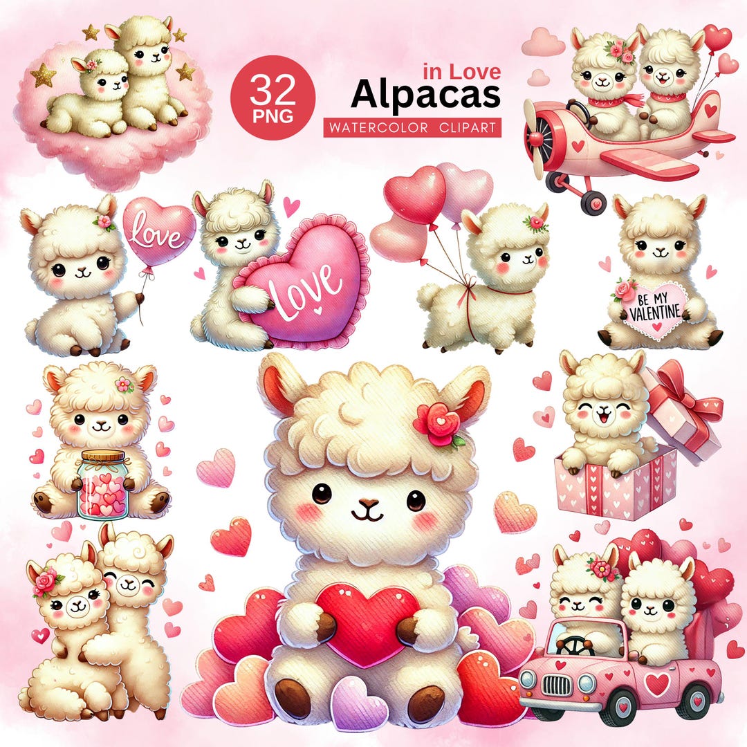 In Love Alpacas Watercolor Clipart Set – Adorable Valentine Alpaca ...