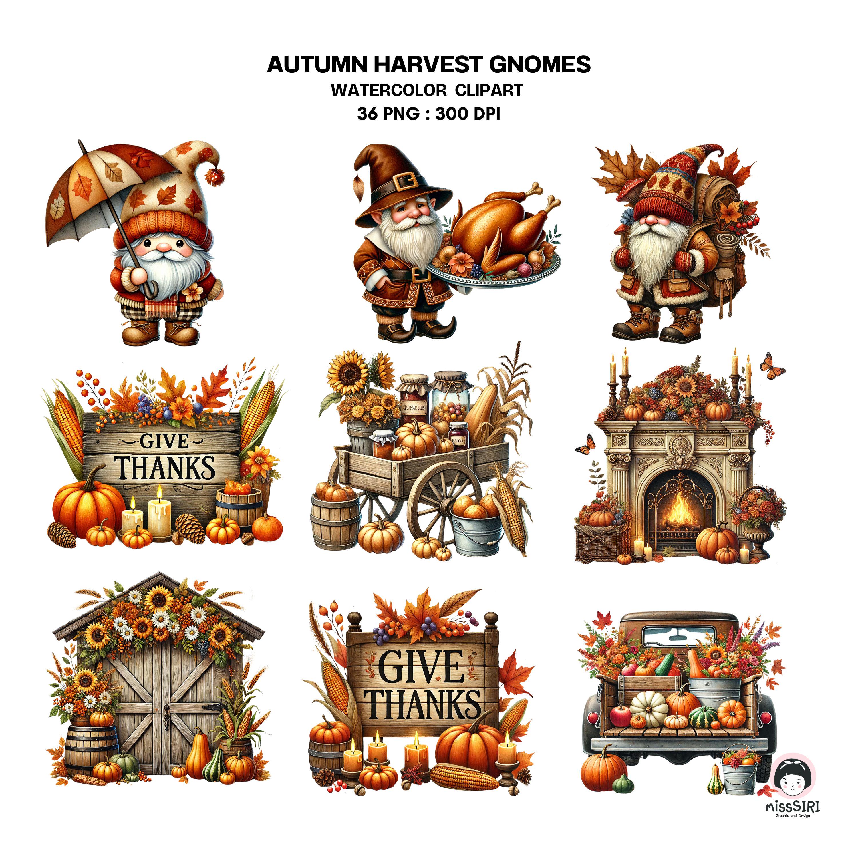 Autumn Harvest Gnomes Clipart Set | 36 Watercolor Pngs With Pumpkins ...