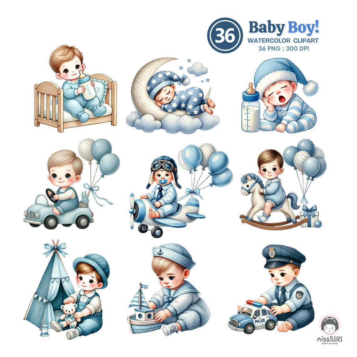 Baby Boy Watercolor Clipart Set - 36 PNG Baby Shower Graphics - Blue ...