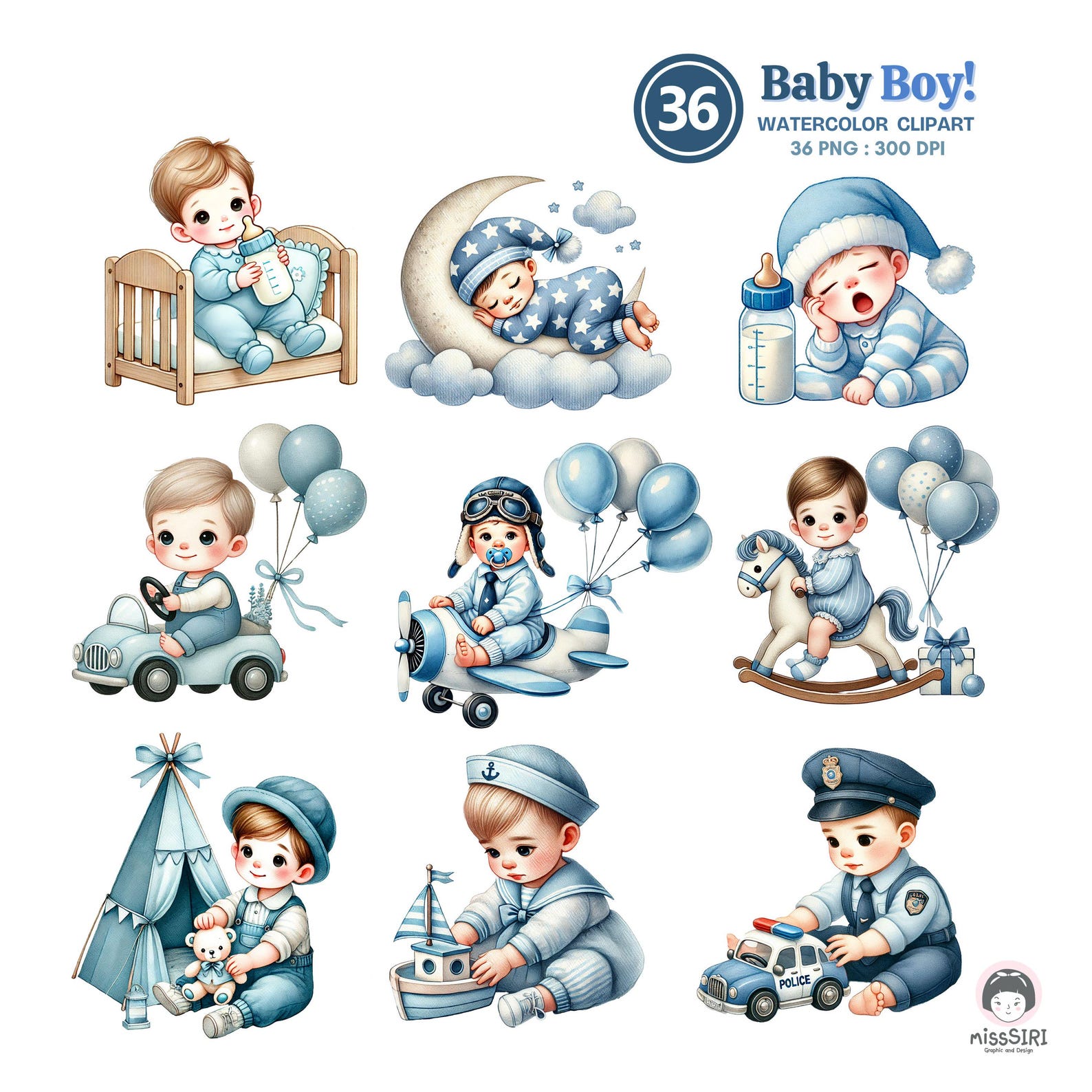 Baby Boy Watercolor Clipart Set - 36 PNG Baby Shower Graphics - Blue ...