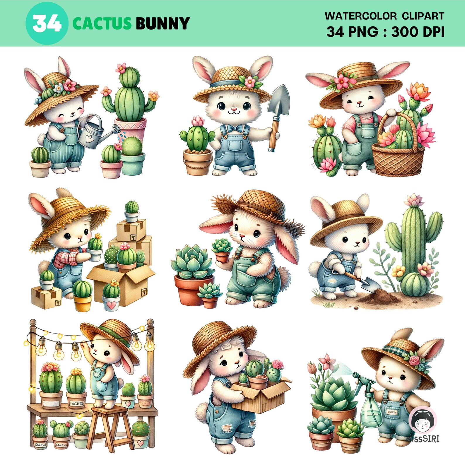Cactus Bunny Watercolor Clipart Bundle – 34 Adorable Gardening Rabbit ...