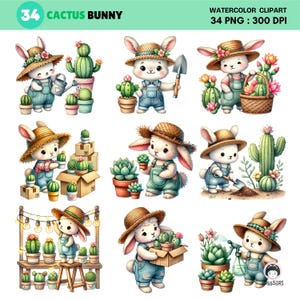 Cactus Bunny Watercolor Clipart Bundle – 34 Adorable Gardening Rabbit ...