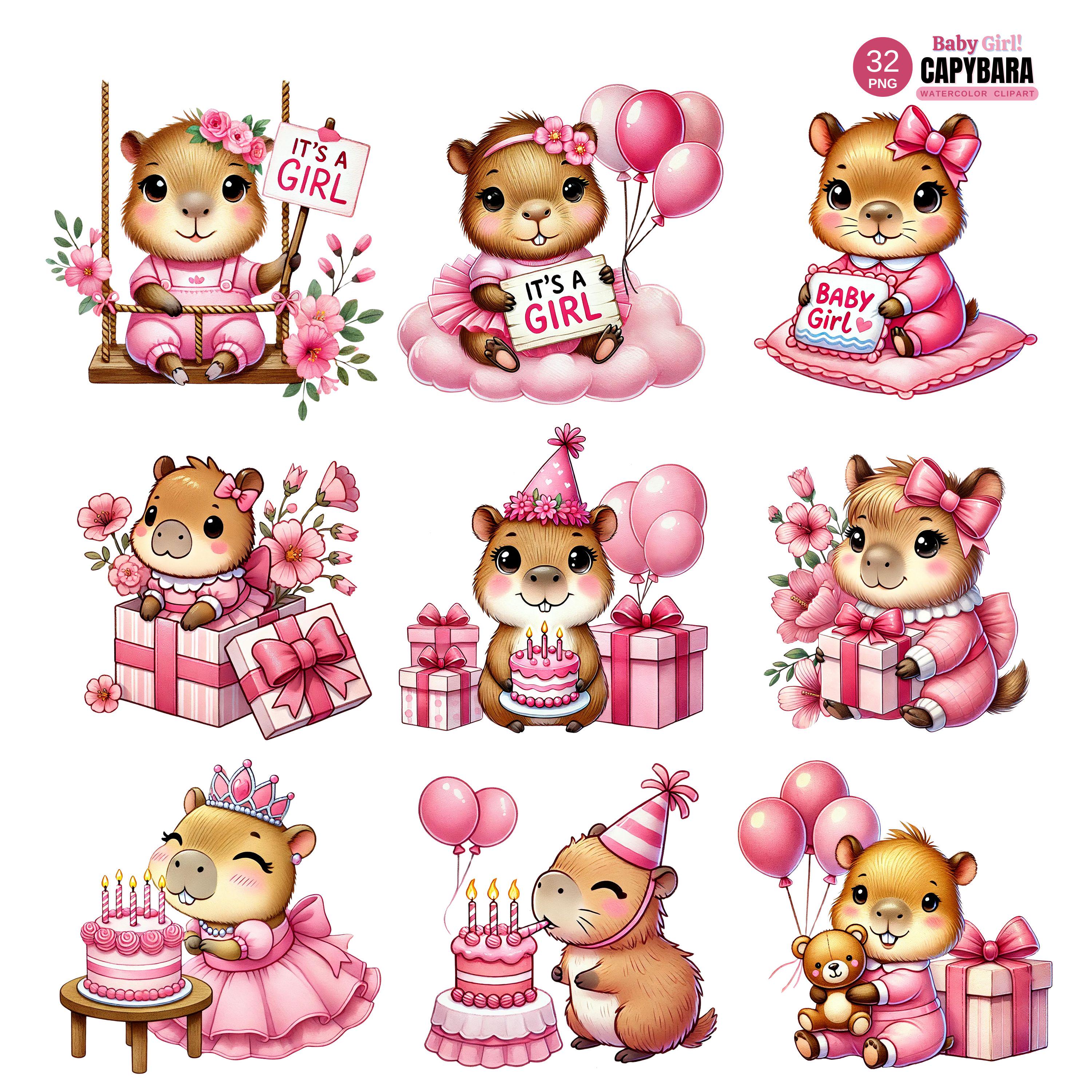 Baby Girl Capybara Watercolor Clipart Set – 32 PNG Files for Baby ...