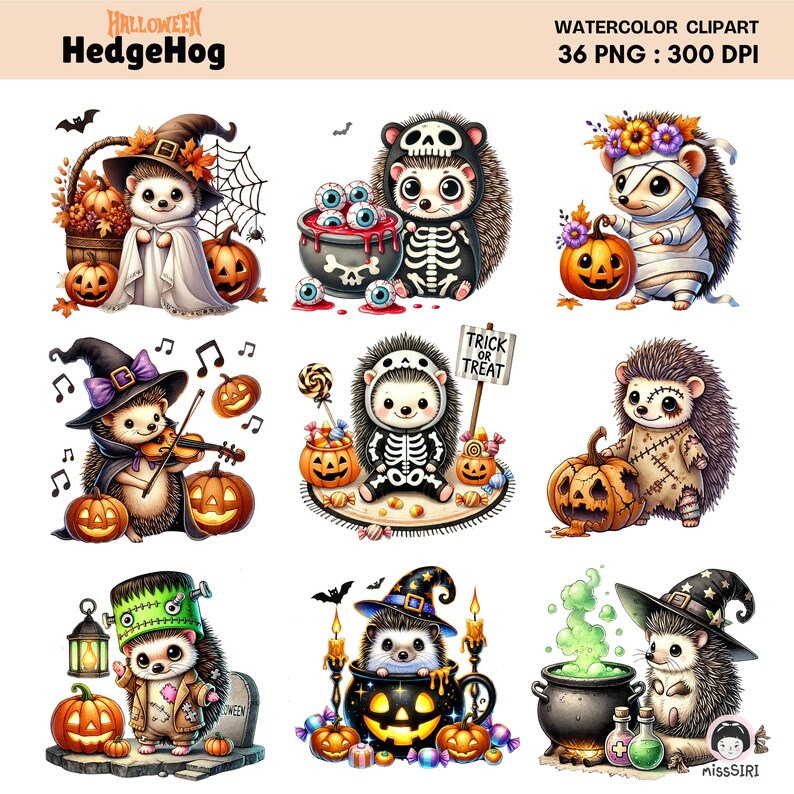 Halloween Hedgehog Clipart Set | 36 Watercolor Pngs of Cute Hedgehogs ...