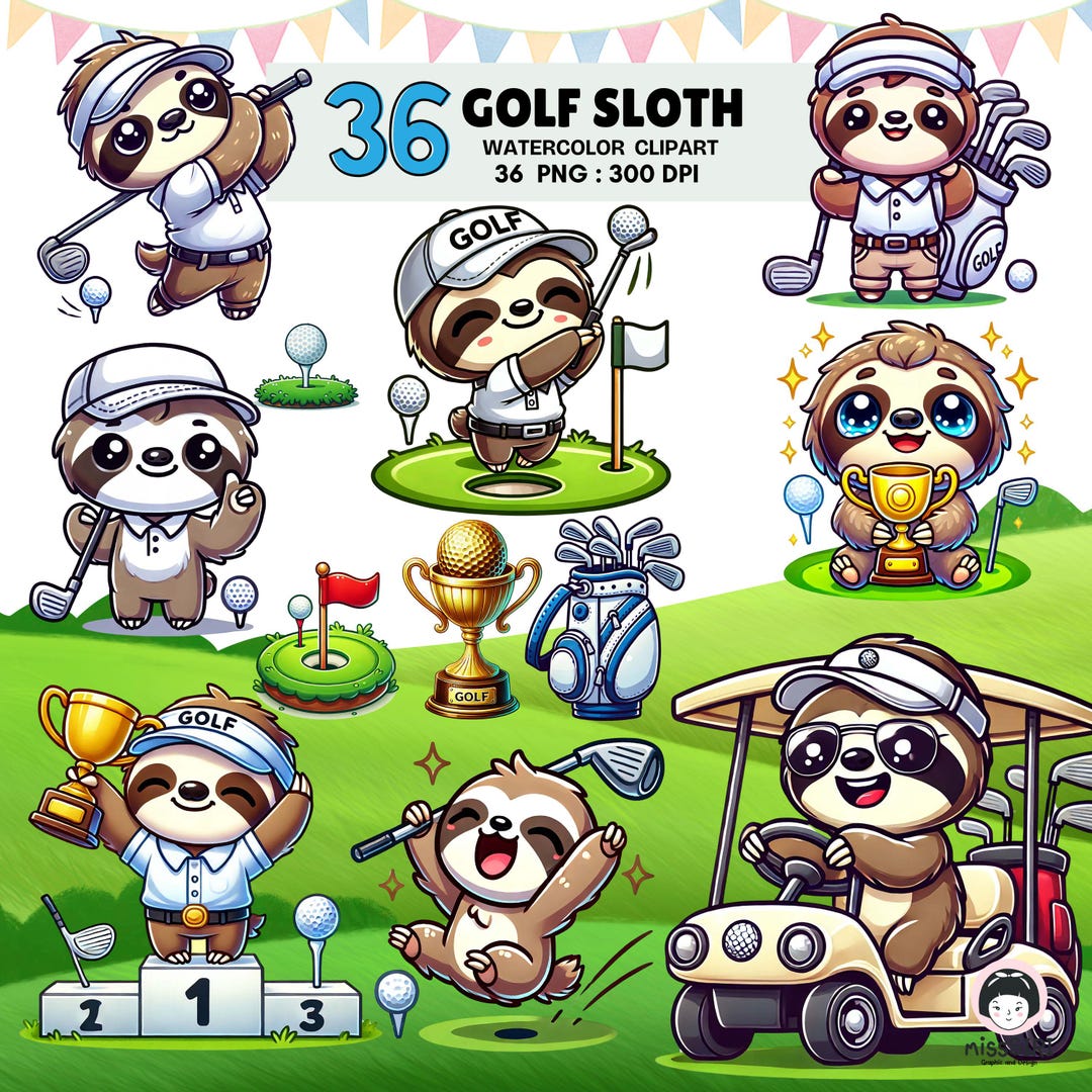 Golf Sloth Watercolor Clipart – 36 PNG Adorable Golfing Sloths, Golf ...