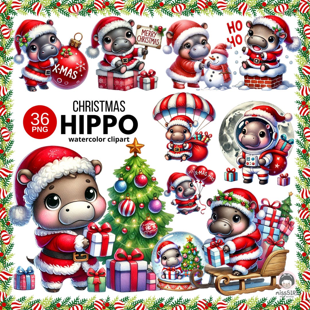 Christmas Hippo Watercolor Clipart Bundle - 36 PNG Cute Holiday Hippo ...