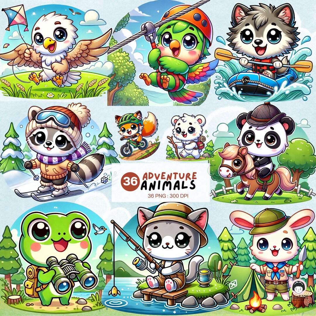 Adventure Animals Watercolor Clipart – 36 PNG Outdoor Fun Illustrations ...