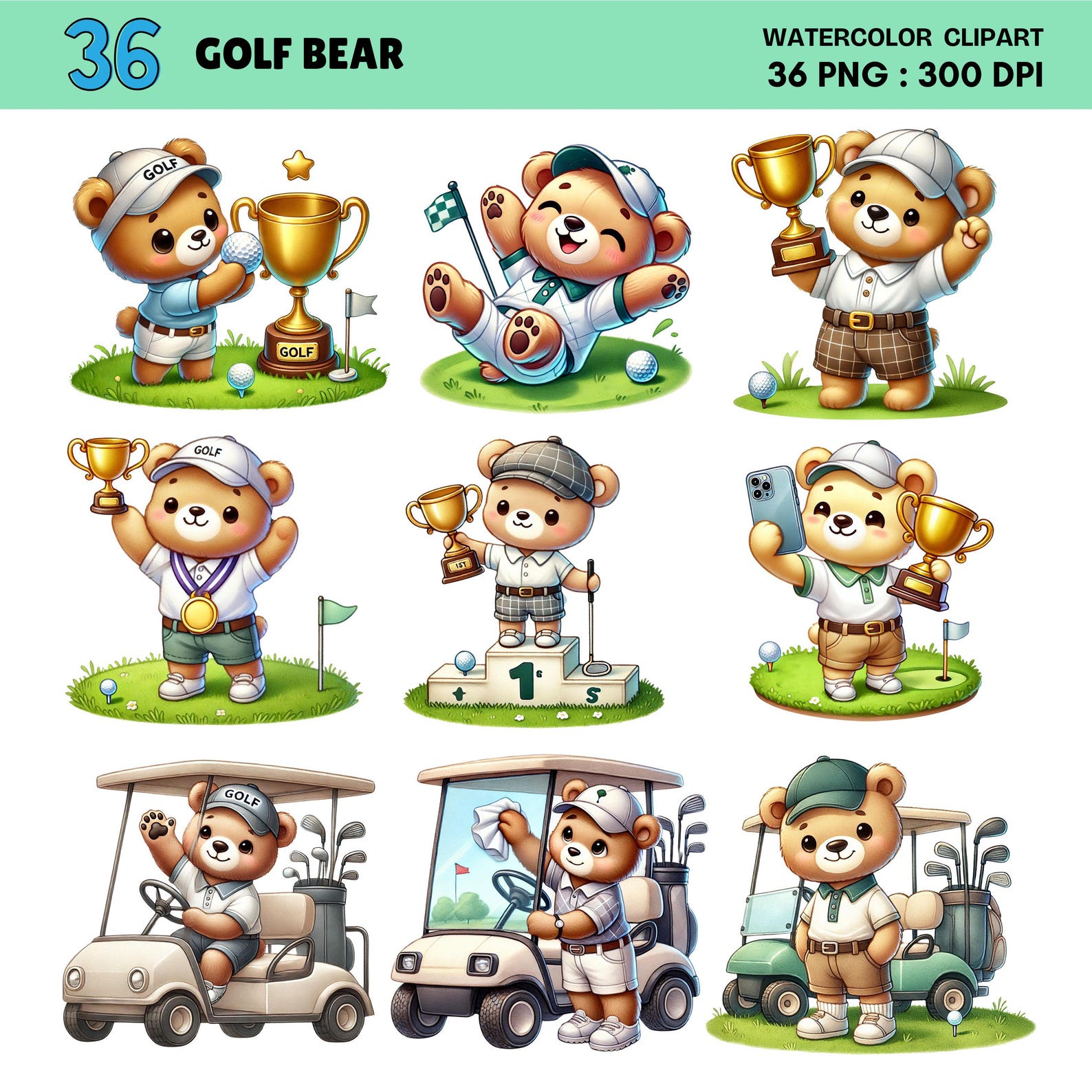 Golf Bear Watercolor Clipart Set – 36 Adorable Golfing Bear Pngs With ...