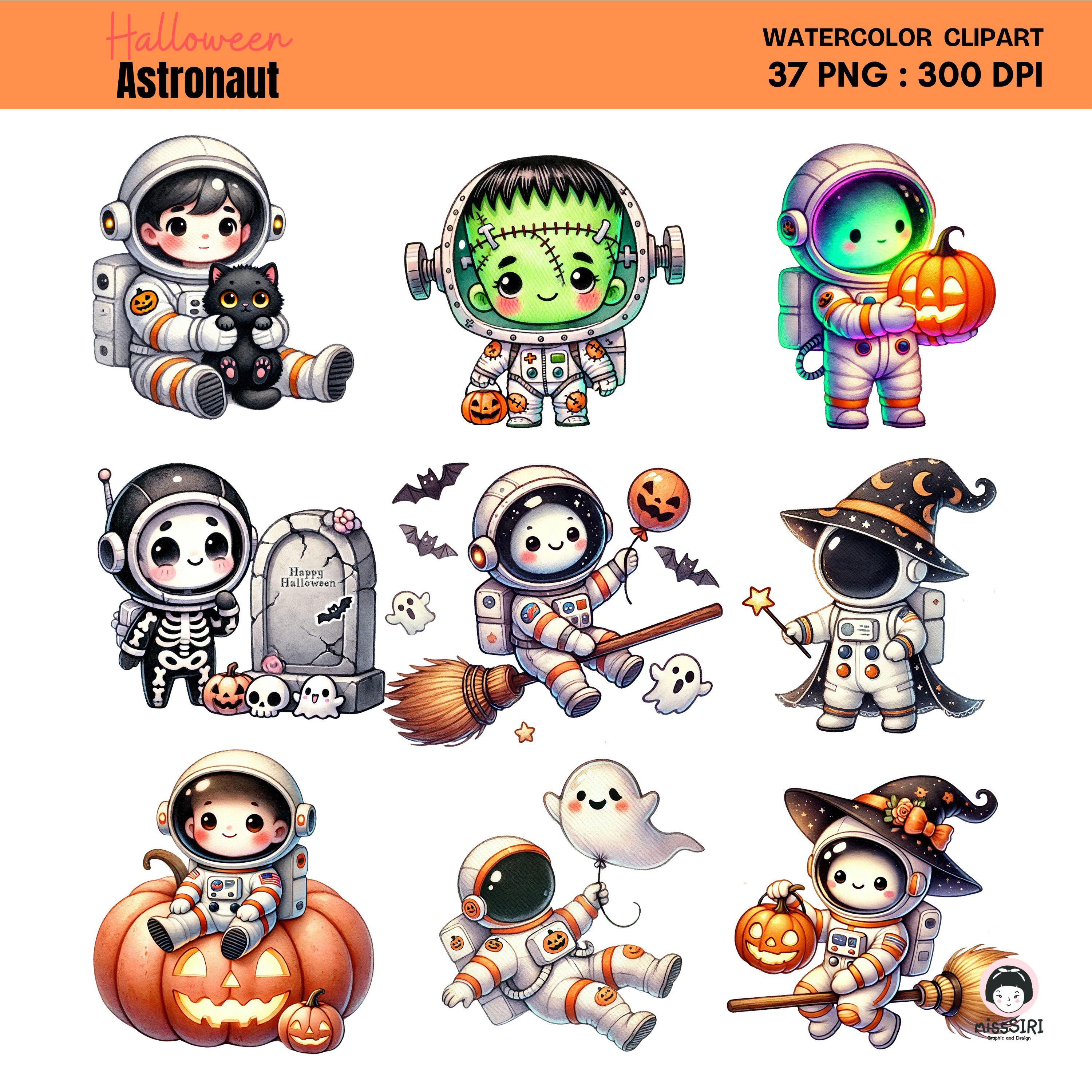 Halloween Astronaut Clipart Bundle | 37 Watercolor Pngs for Spooky ...